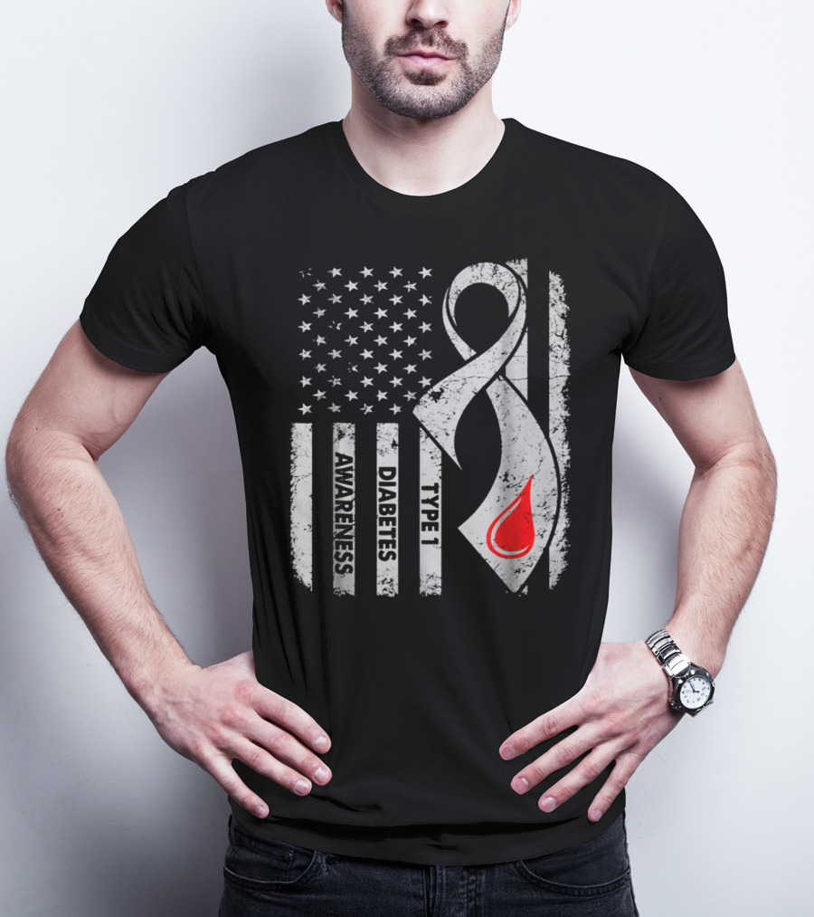 American Flag Type 1 Diabetes Awareness Ribbon With Blood Drop T-Shirt