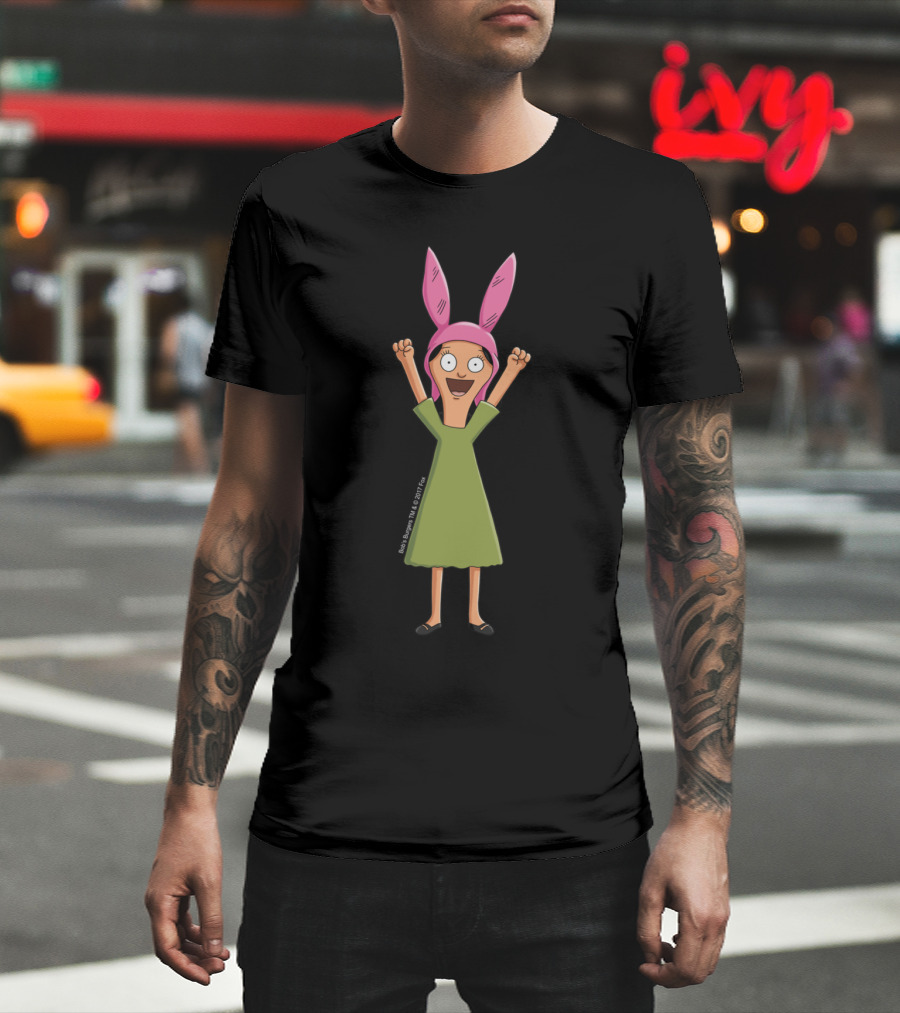 Bob's Burgers Louise Belcher Green Dress Pink Bunny Ears Excited Pose T-Shirt