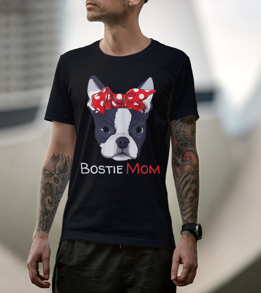 Bostie Mom Boston Terrier With Red Polka Dot Bow T-Shirt
