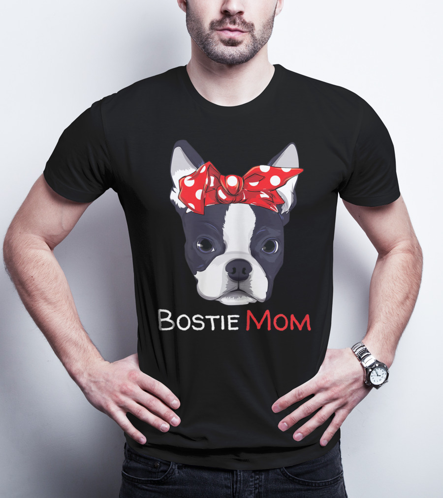 Bostie Mom Boston Terrier With Red Polka Dot Bow T-Shirt