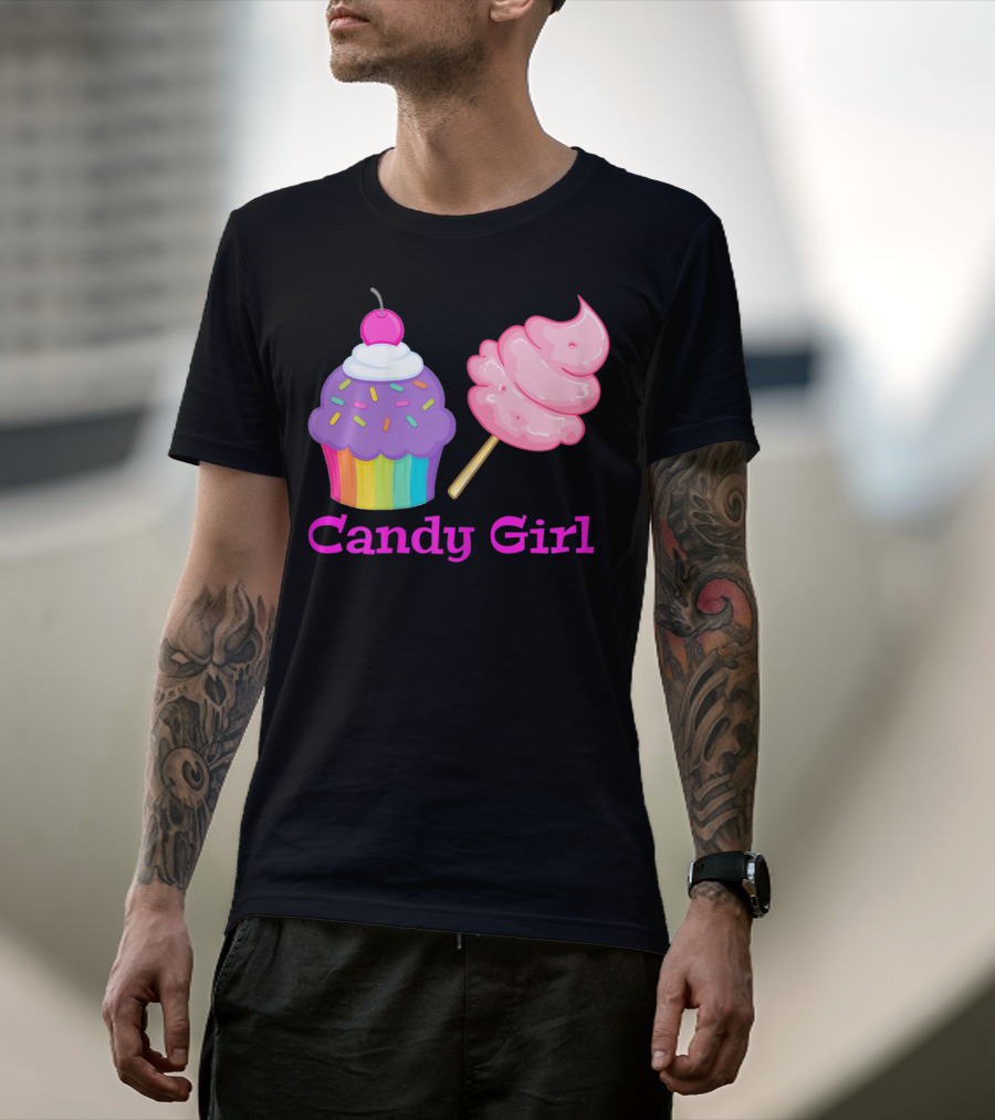 Candy Girl Cupcake And Cotton Candy Rainbow Sprinkles Cherry Top And Pink Swirl T-Shirt