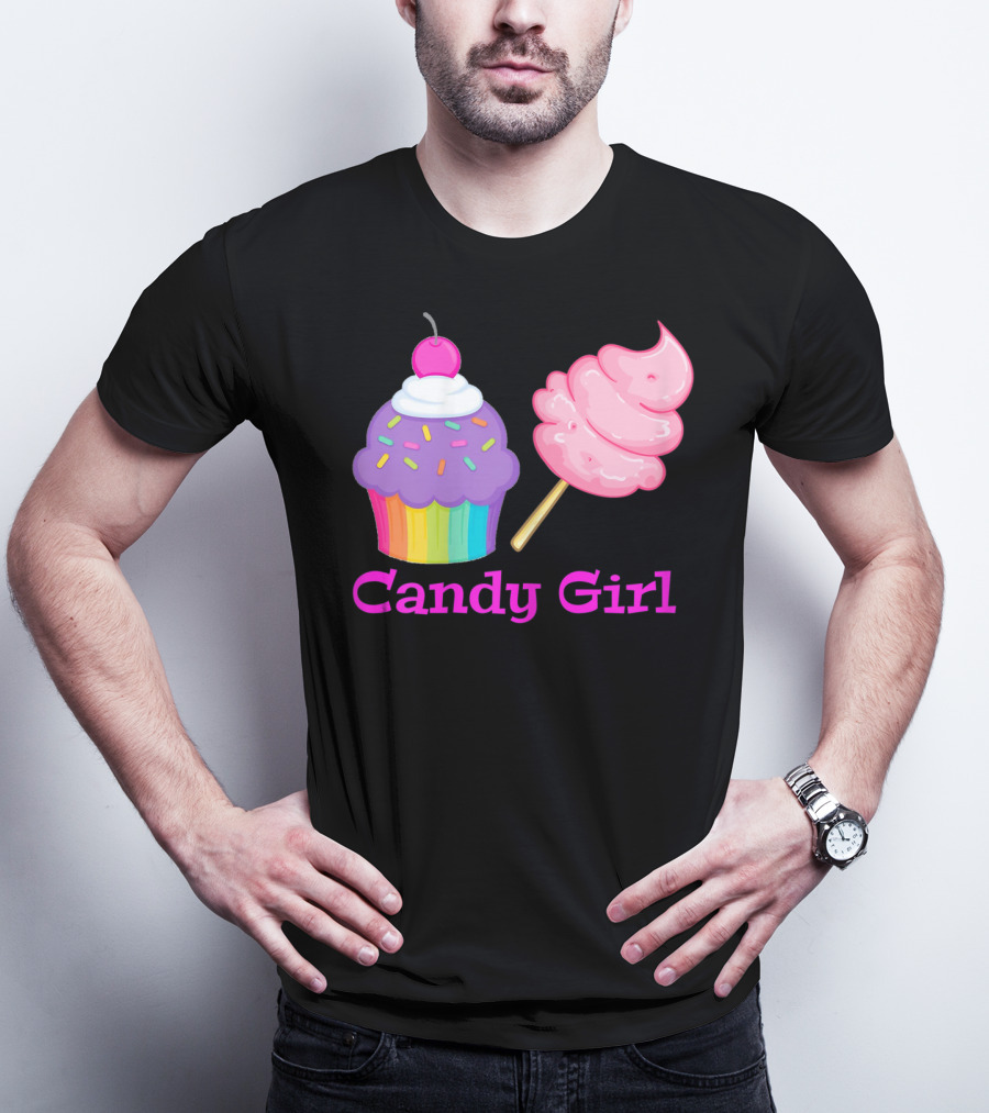 Candy Girl Cupcake And Cotton Candy Rainbow Sprinkles Cherry Top And Pink Swirl T-Shirt