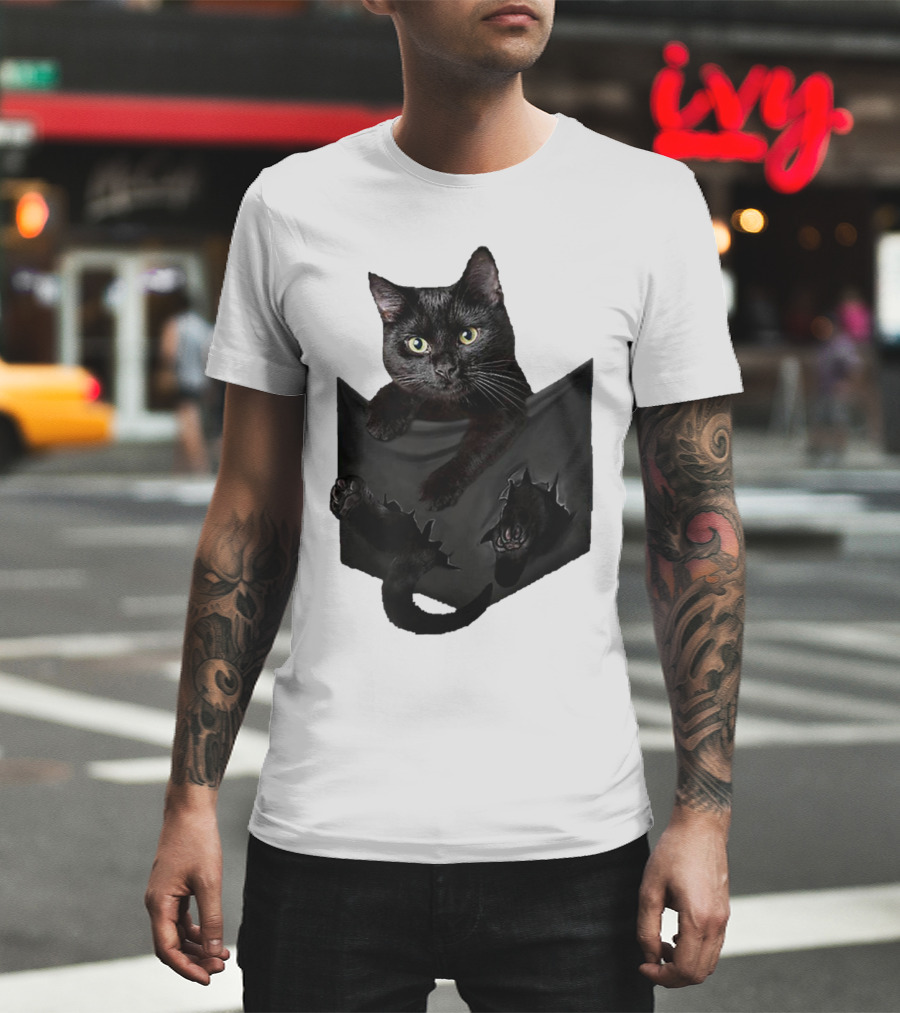 Cat In Pocket Black Cat Inside Pocket Bac Playful T-Shirt