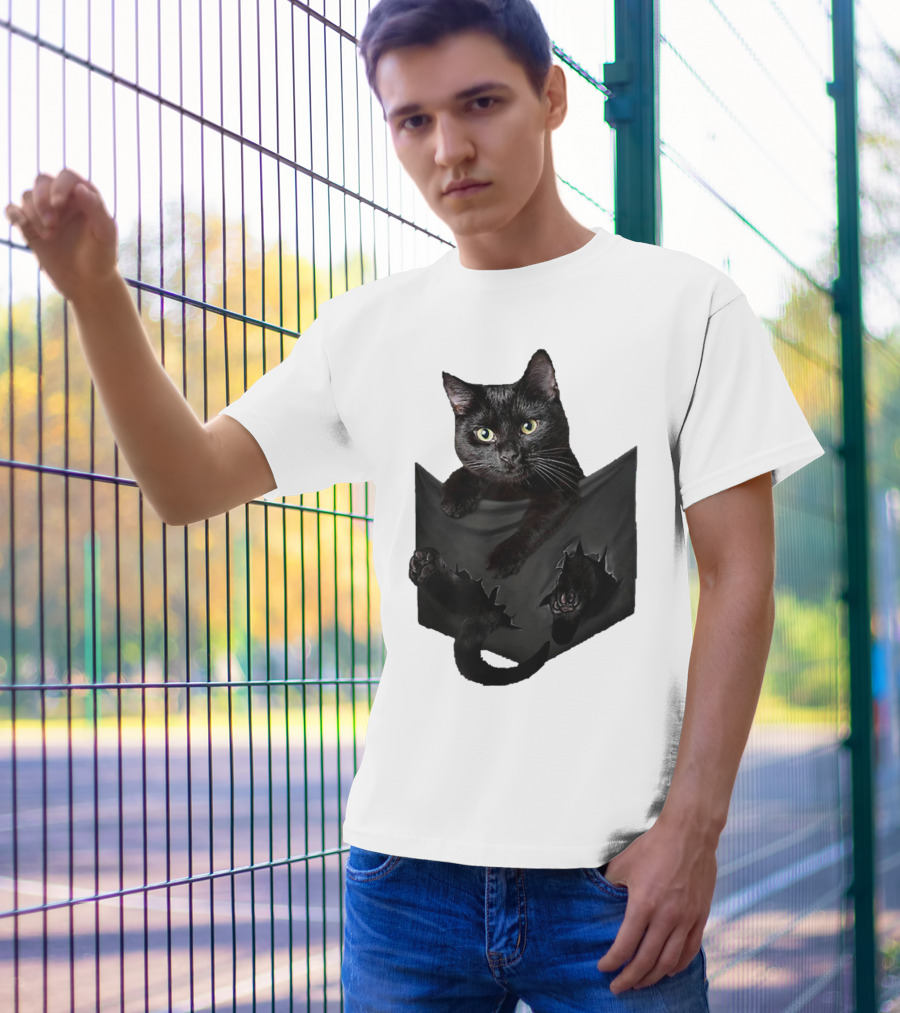 Cat In Pocket Black Cat Inside Pocket Bac Playful T-Shirt