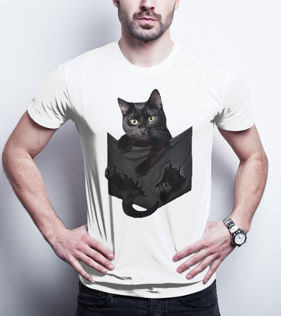 Cat In Pocket Black Cat Inside Pocket Bac Playful T-Shirt