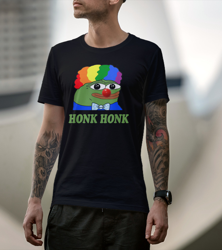 Clown Pepe Honk Honk HONKLER Meme Rainbow Wig Red Nose Bowtie T-Shirt