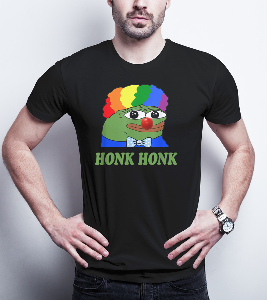 Clown Pepe Honk Honk HONKLER Meme Rainbow Wig Red Nose Bowtie T-Shirt