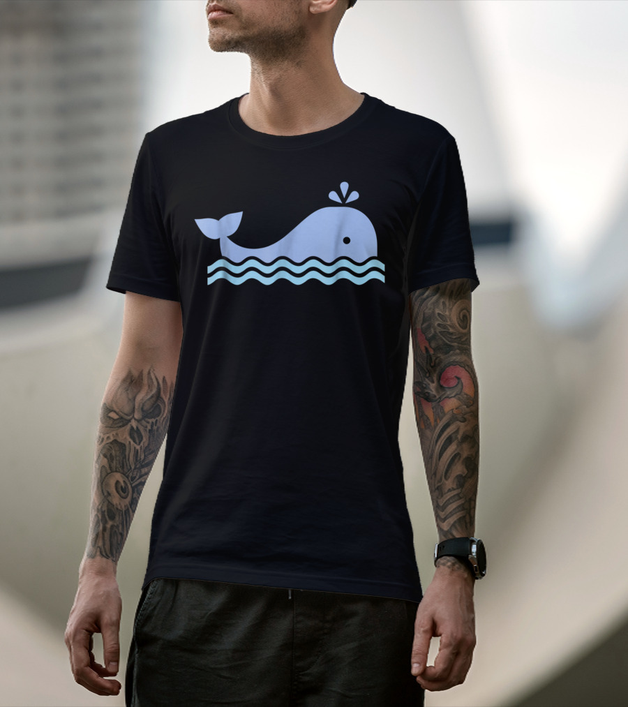 Cute Blue Whale Cartoon With Waves And Water Spout T-Shirt