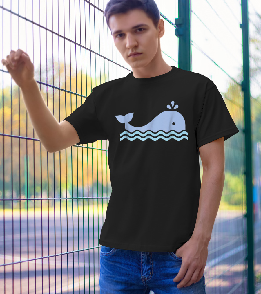 Cute Blue Whale Cartoon With Waves And Water Spout T-Shirt