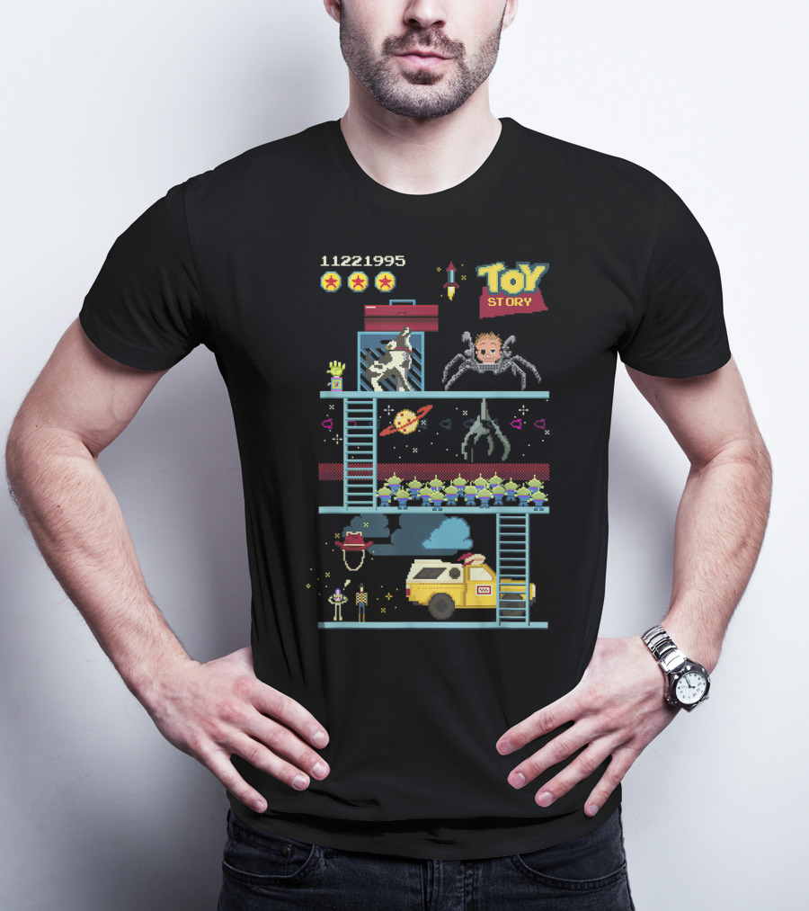 Toy Story 8 Bit Video Game Scene With Retro Pixel Art Adventure T-Shirt