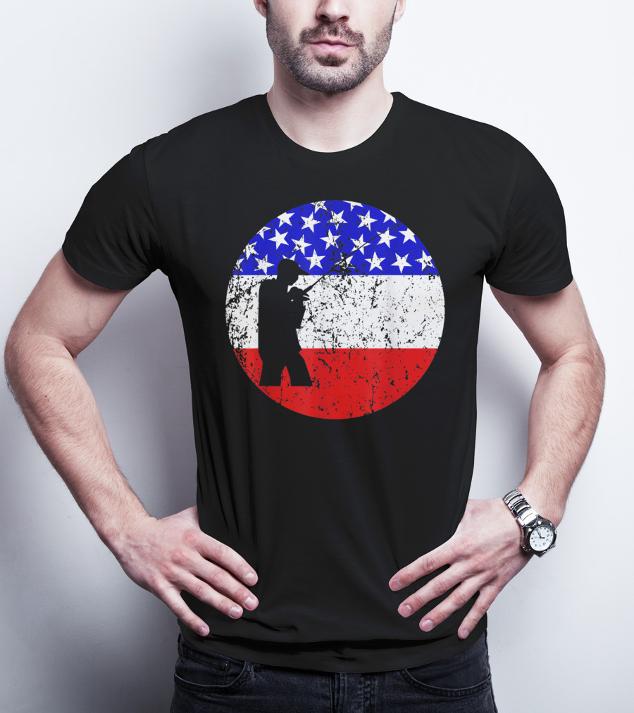 American Flag Vintage Fisherman Silhouette Rustic Retro Fishing T-Shirt