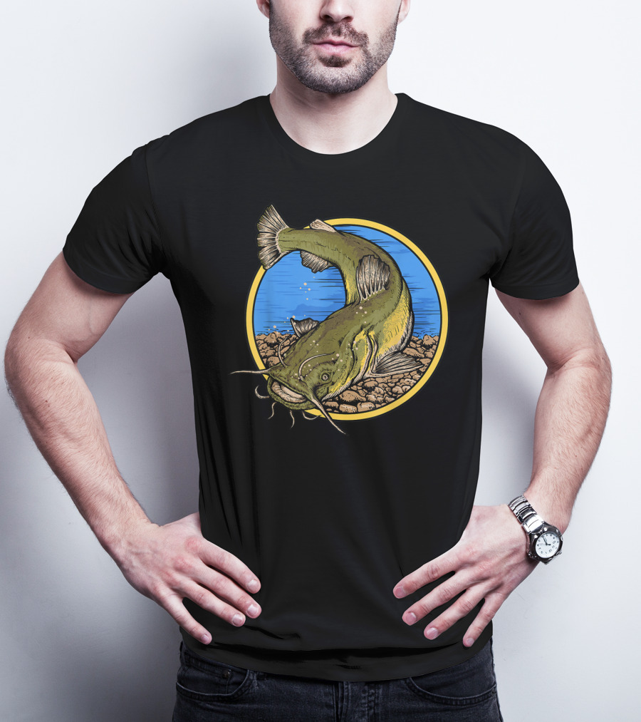 Catfish Fishing Against Colorful Water With Circle Background T-Shirt