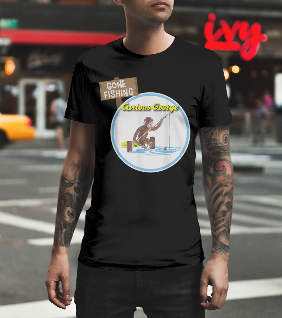 Curious George Gone Fishing Sign And Circle Scene T-Shirt