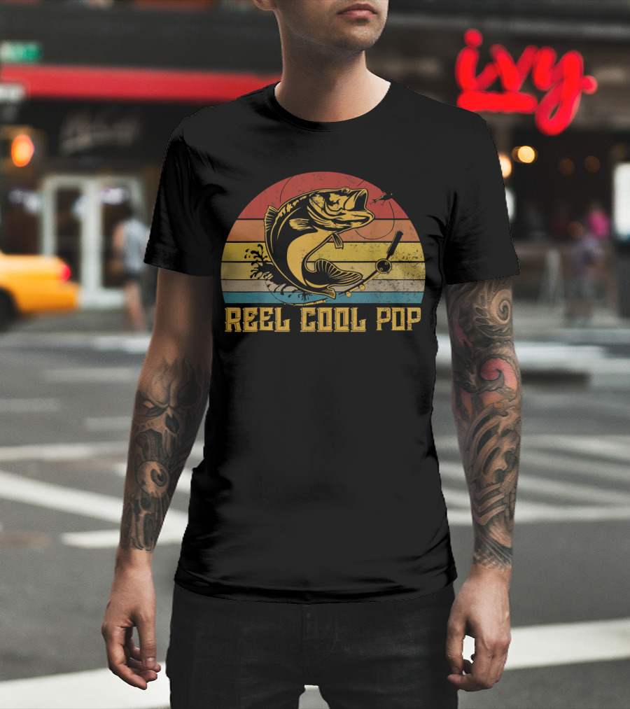 Father's Day Vintage Fishing Reel Cool Pop Retro Bass Sunset T-Shirt