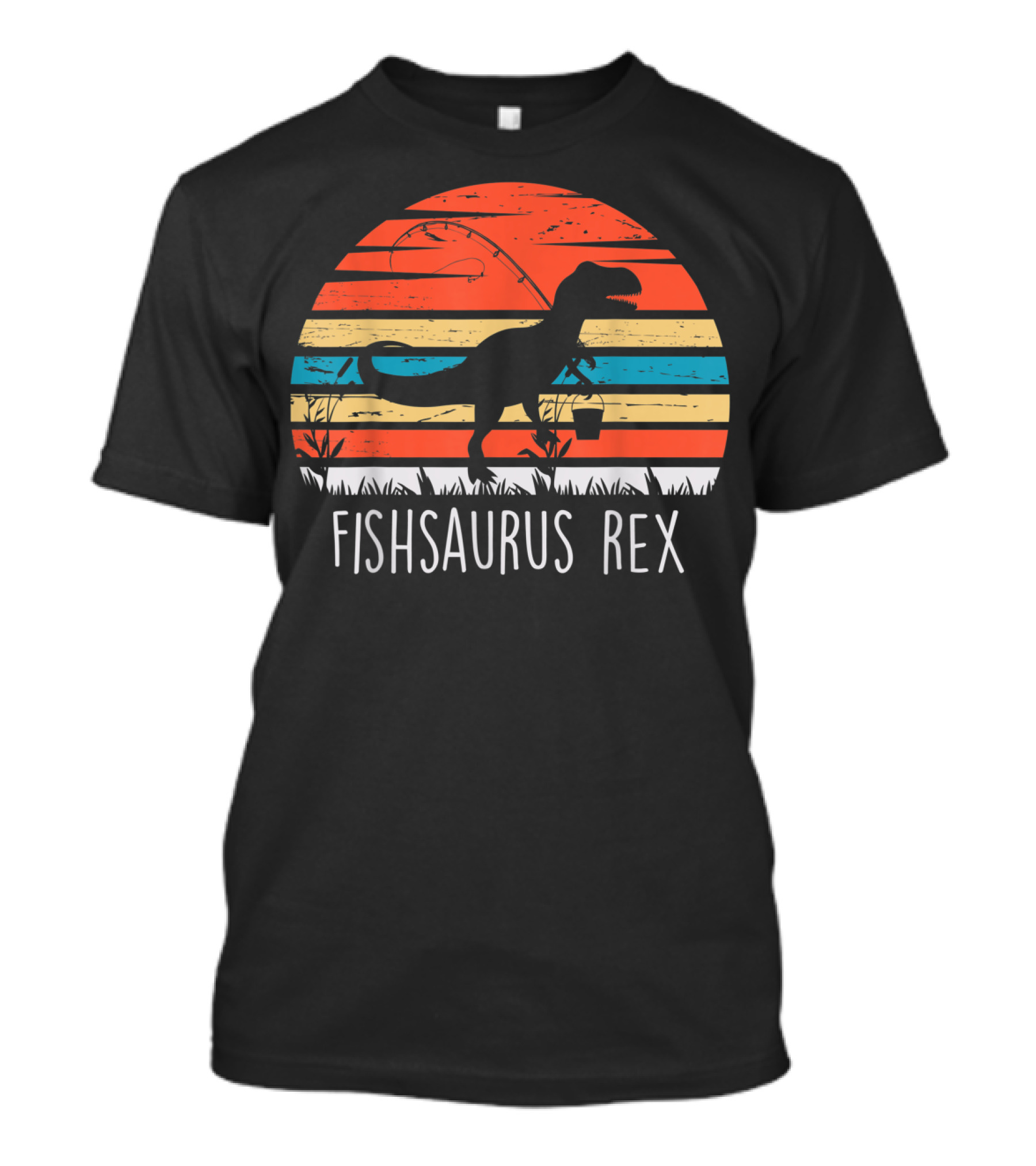 Fathers Day Fishsaurus Rex Dinosaur Fishing Vintage Sunset T-Shirt