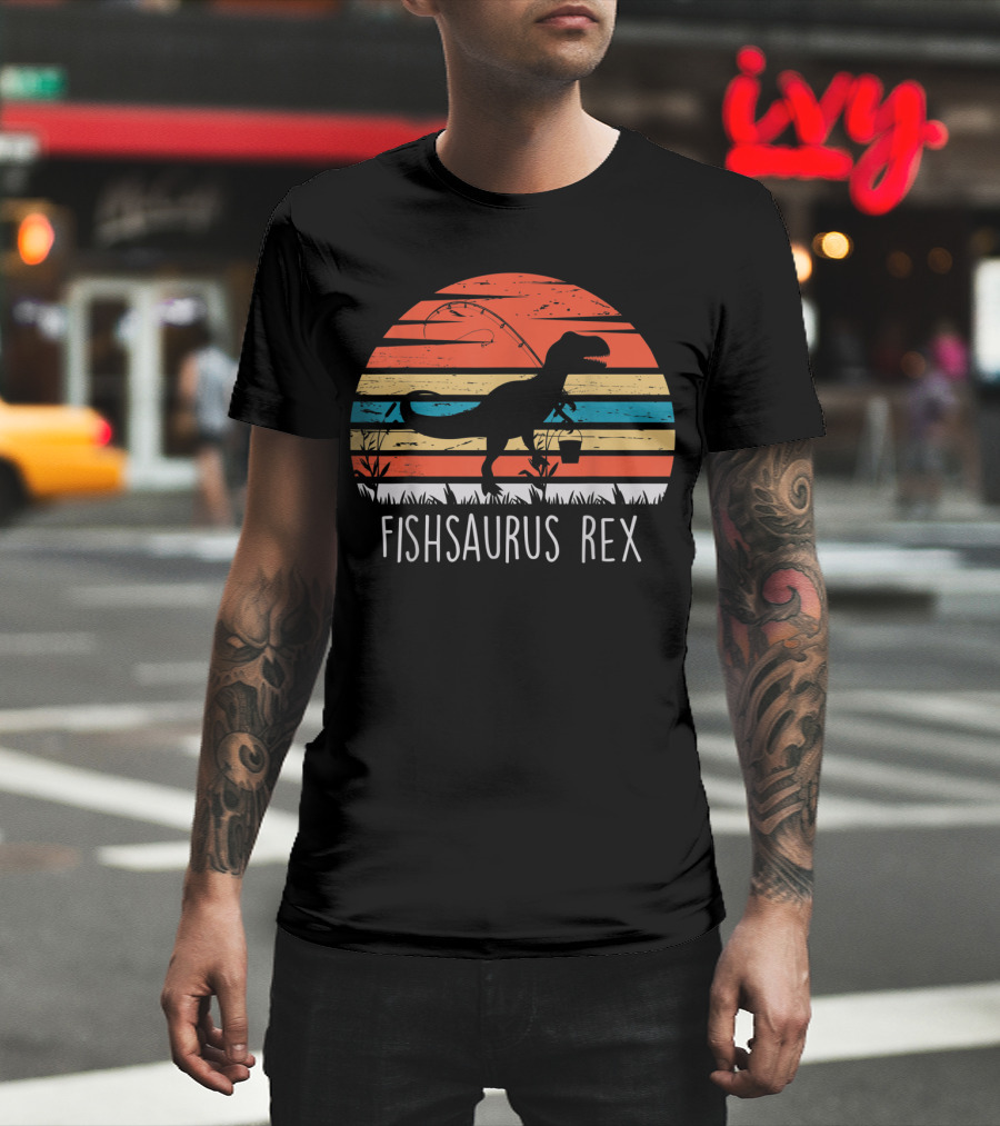 Fathers Day Fishsaurus Rex Dinosaur Fishing Vintage Sunset T-Shirt