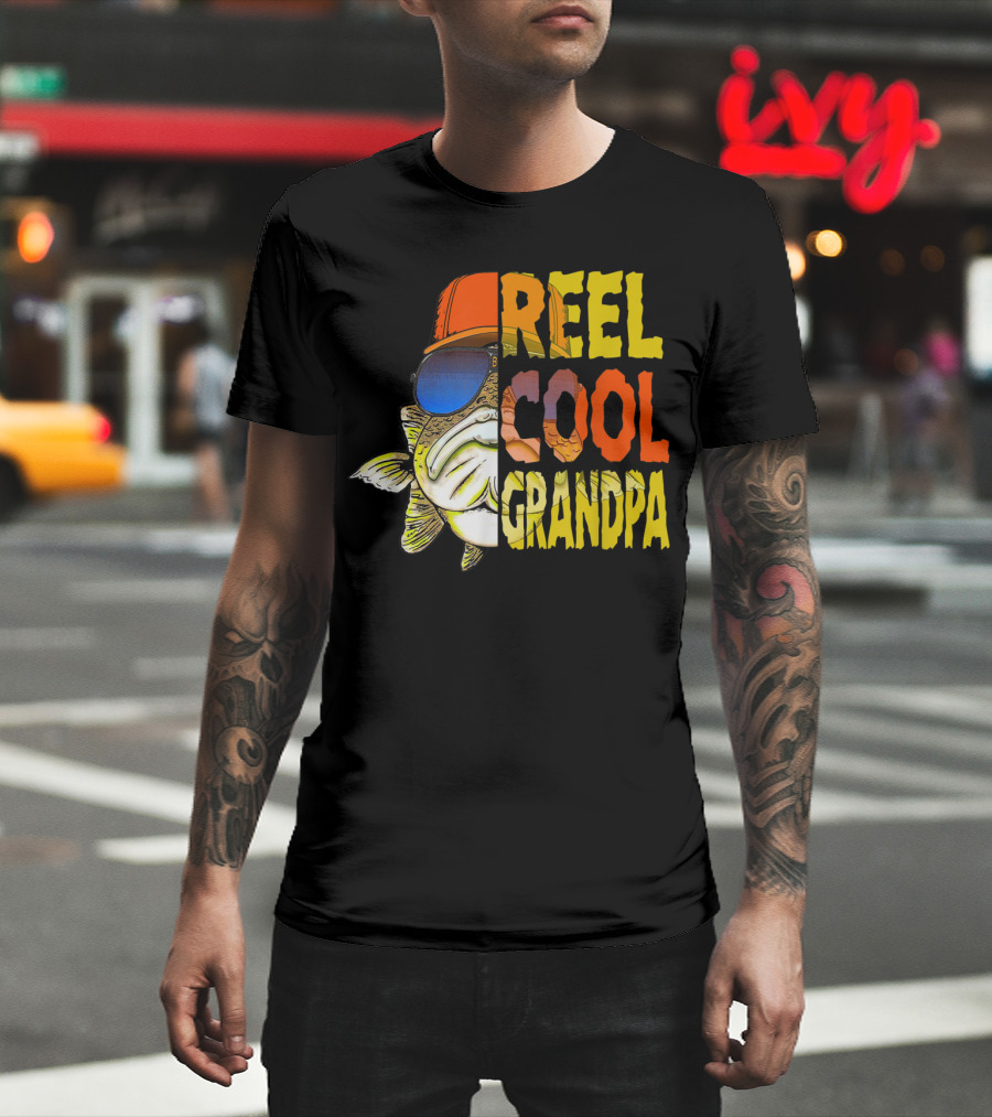 Reel Cool Grandpa Fishing Grandpa Fish Wearing Sunglasses And Hat T-Shirt