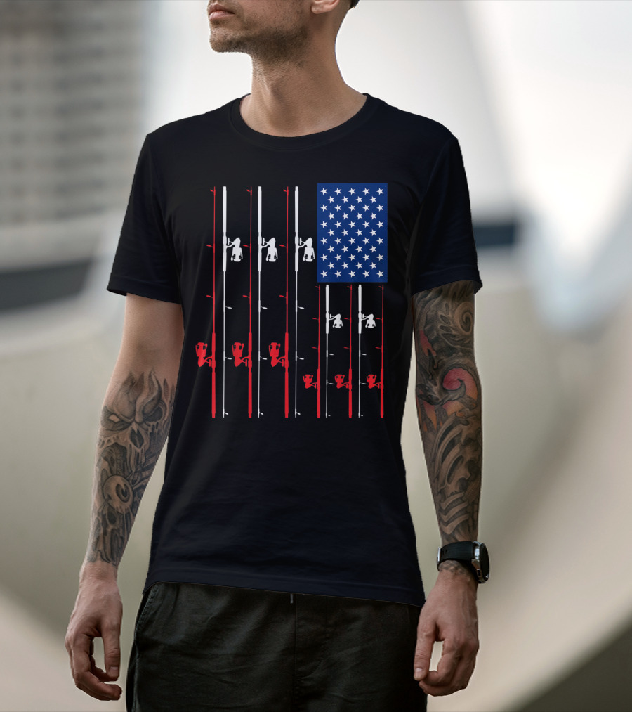 Fishing Rod US Flag Cute Fish Hunting American Patriotic Iconic T-Shirt