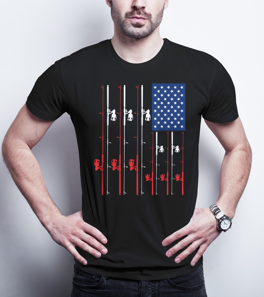 Fishing Rod US Flag Cute Fish Hunting American Patriotic Iconic T-Shirt