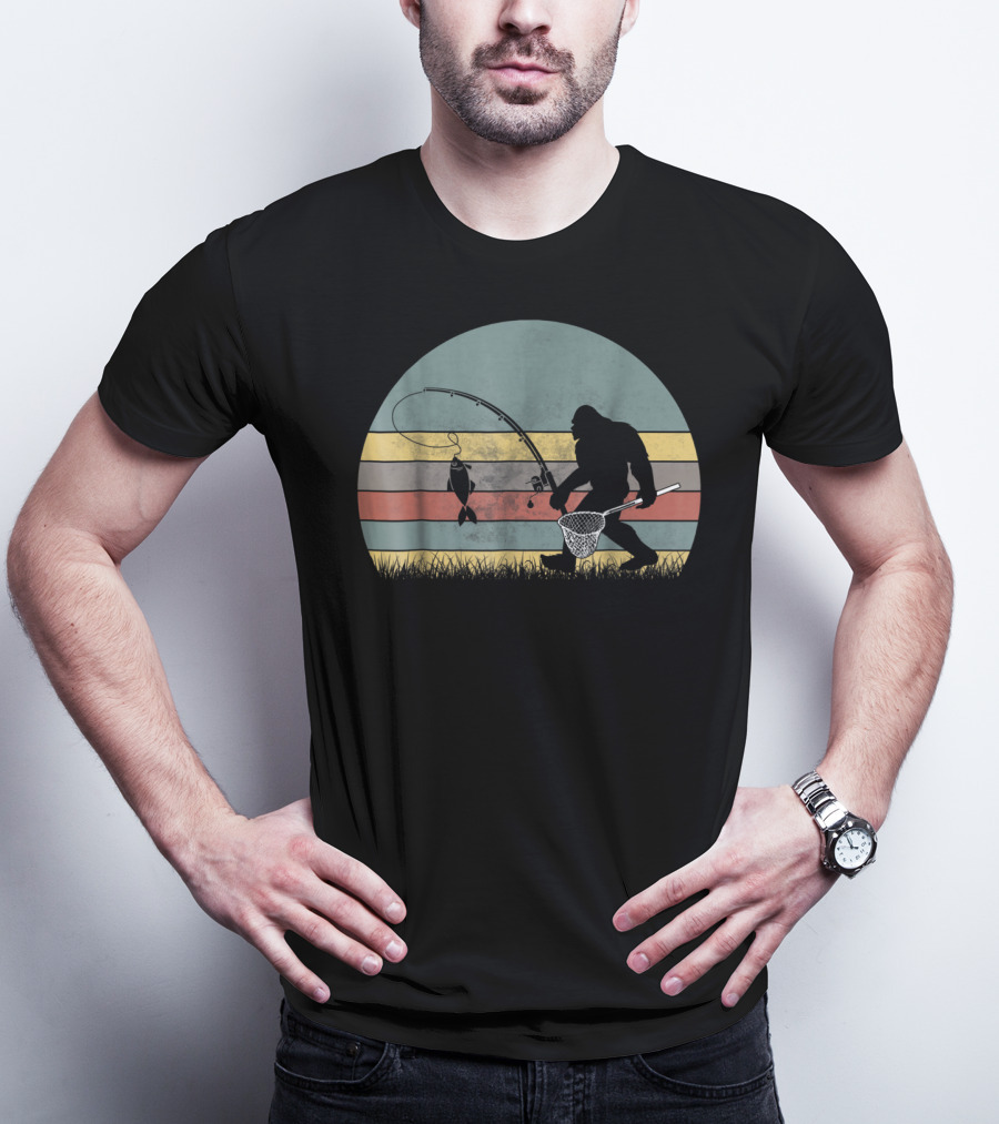 Bigfoot Fishing Retro Stripes T-Shirt