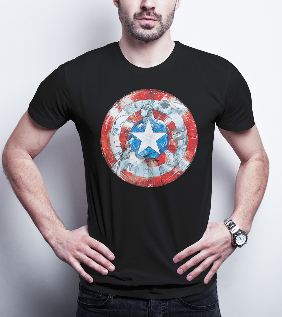 Captain America Marvel Shield With Heroic Comic Collage T-Shirt