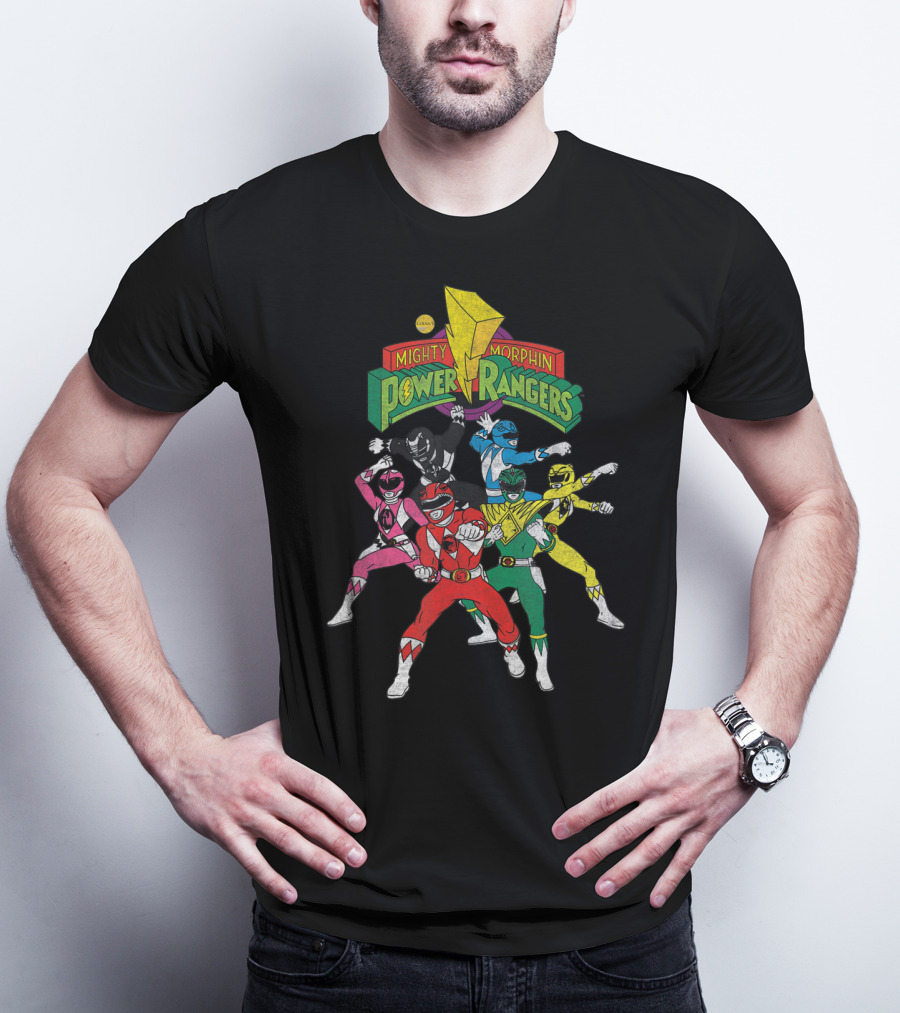 Mighty Morphin Power Rangers Full Team Pose With Original T-Shirt