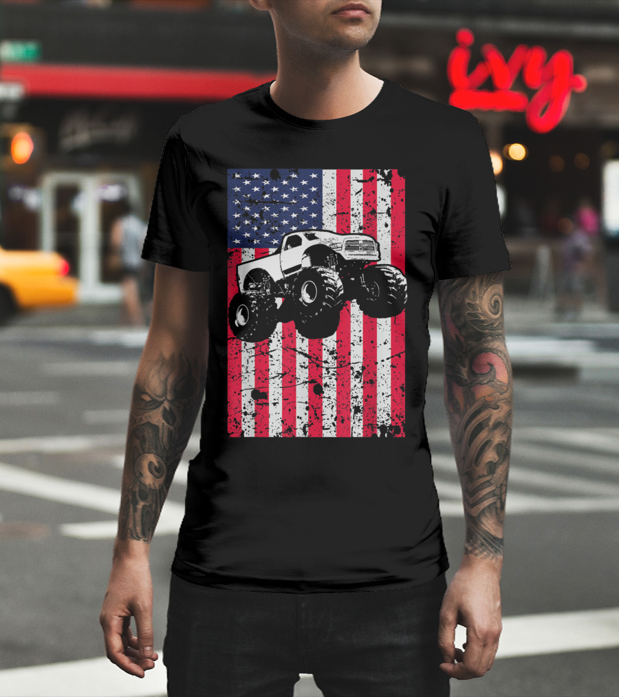 Monster Truck American Flag USA Patriotic Racing T-Shirt
