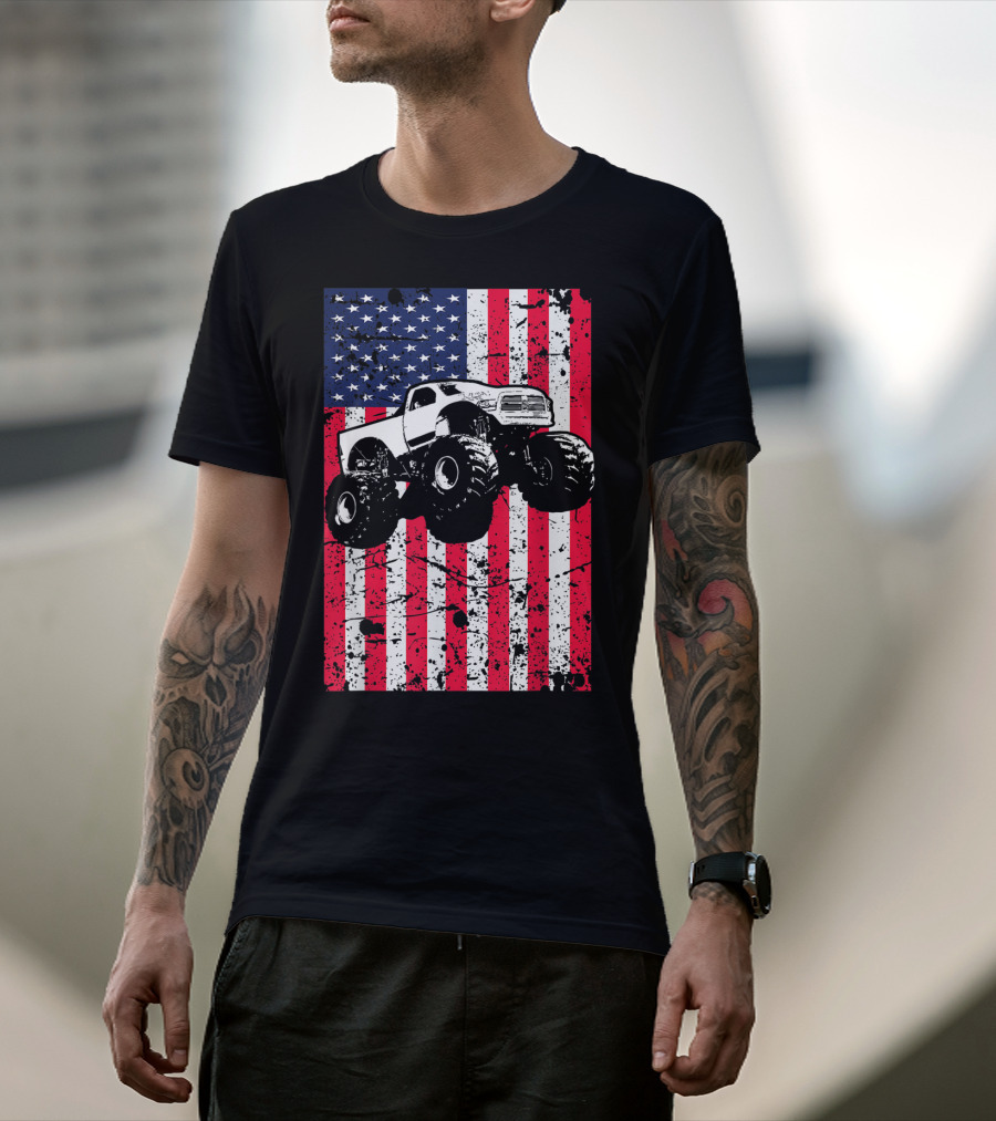 Monster Truck American Flag USA Patriotic Racing T-Shirt