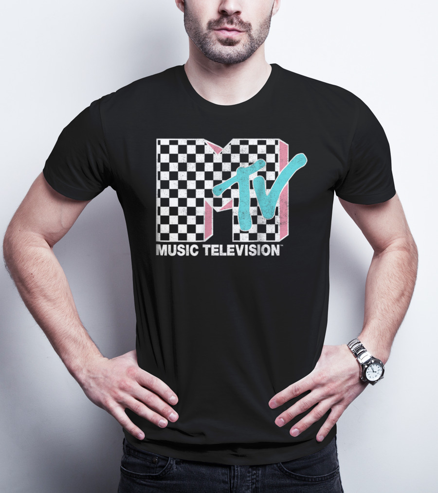 MTV Music Television Neon Distressed Checkered T-Shirt