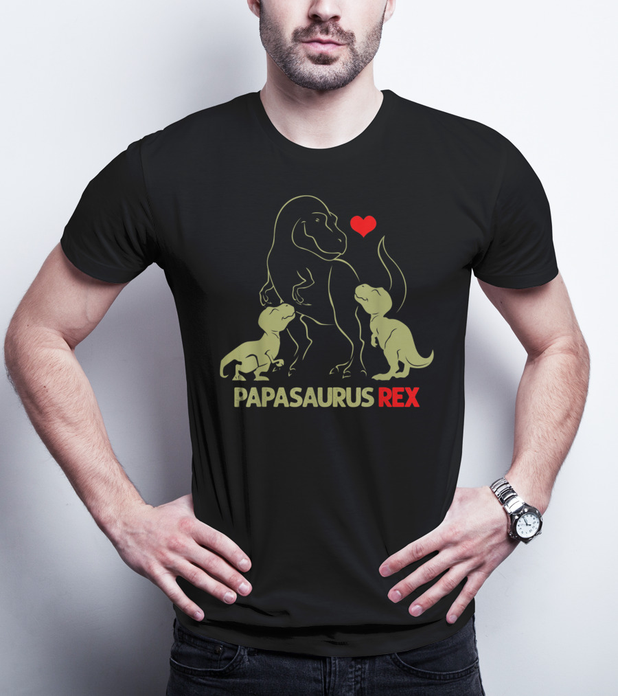 Papasaurus Rex With Heart And Two Baby Dinosaurs T-Shirt