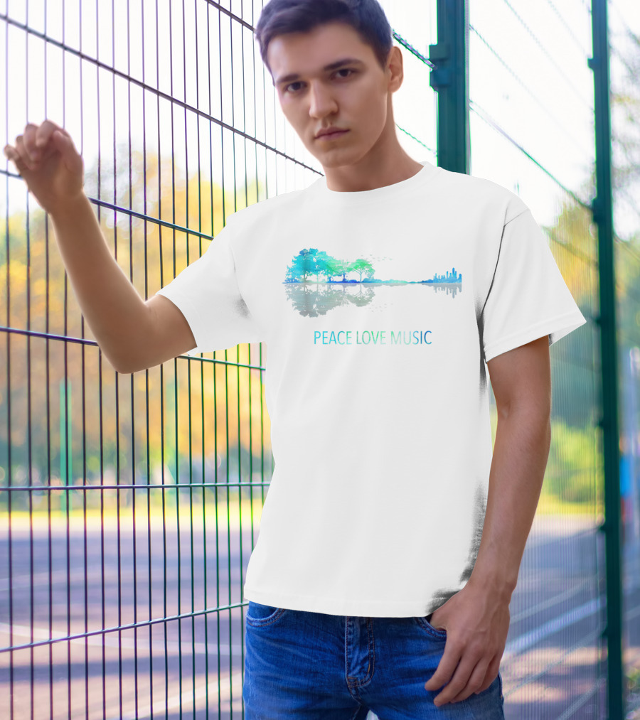 Peace Love Music Guitar Lake Shadow Tree Reflection T-Shirt