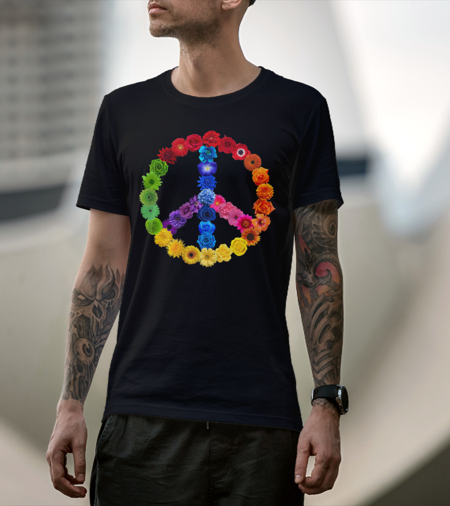 Rainbow Peace Sign Floral Love 70s 60s Retro Vibe T-Shirt