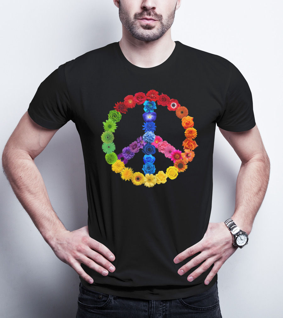 Rainbow Peace Sign Floral Love 70s 60s Retro Vibe T-Shirt