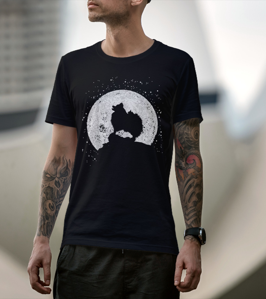 Pomeranian Howling Silhouette Against Full Moon Night Scene T-Shirt
