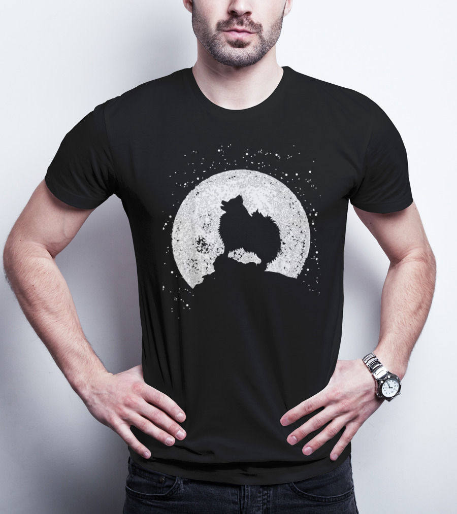 Pomeranian Howling Silhouette Against Full Moon Night Scene T-Shirt