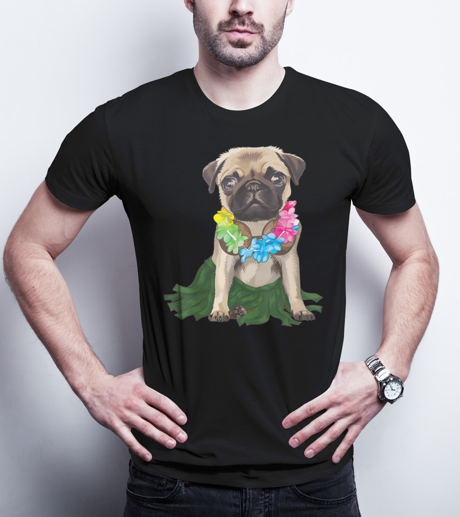 Pug Wearing Hawaiian Hula Skirt And Flower Lei Aloha Dance Animal T-Shirt