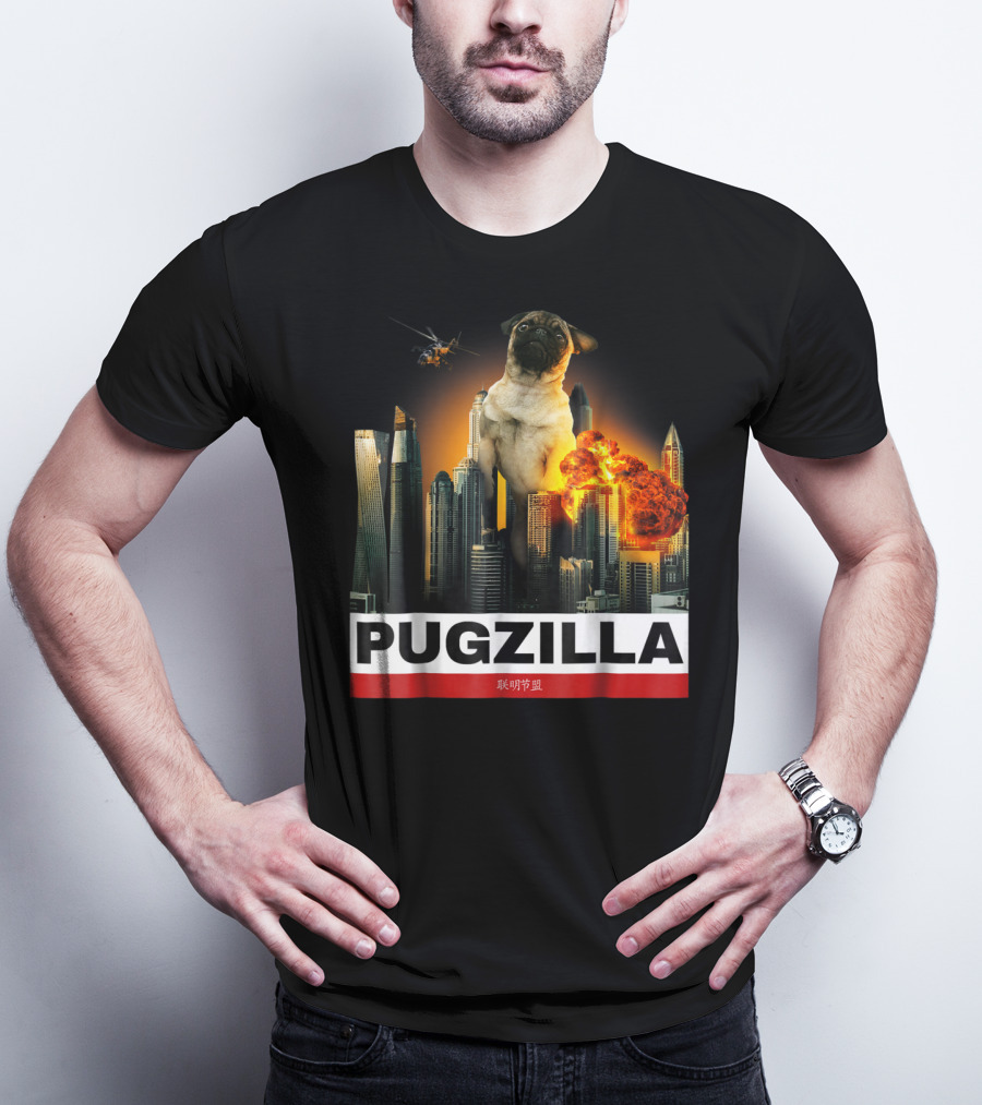 Pugzilla Helicopter Explosion City Skyline Cute Pug T-Shirt