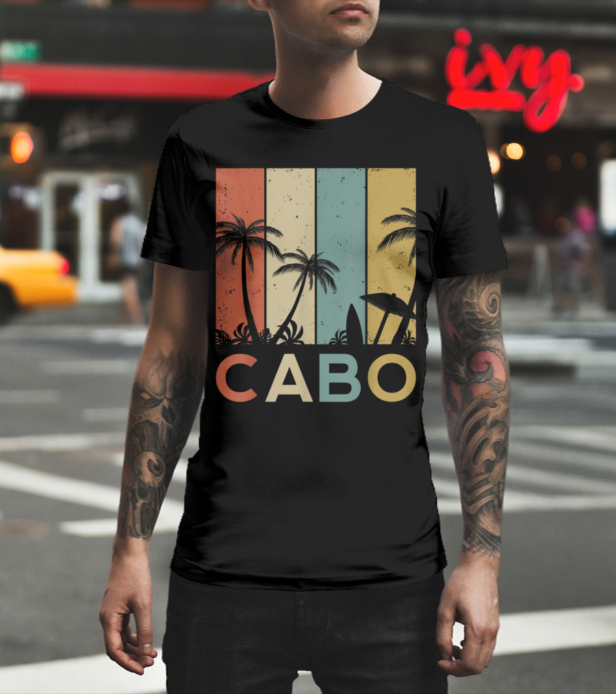 Retro Cabo San Lucas Mexico Tropical Palm Sunset Surfboard T-Shirt