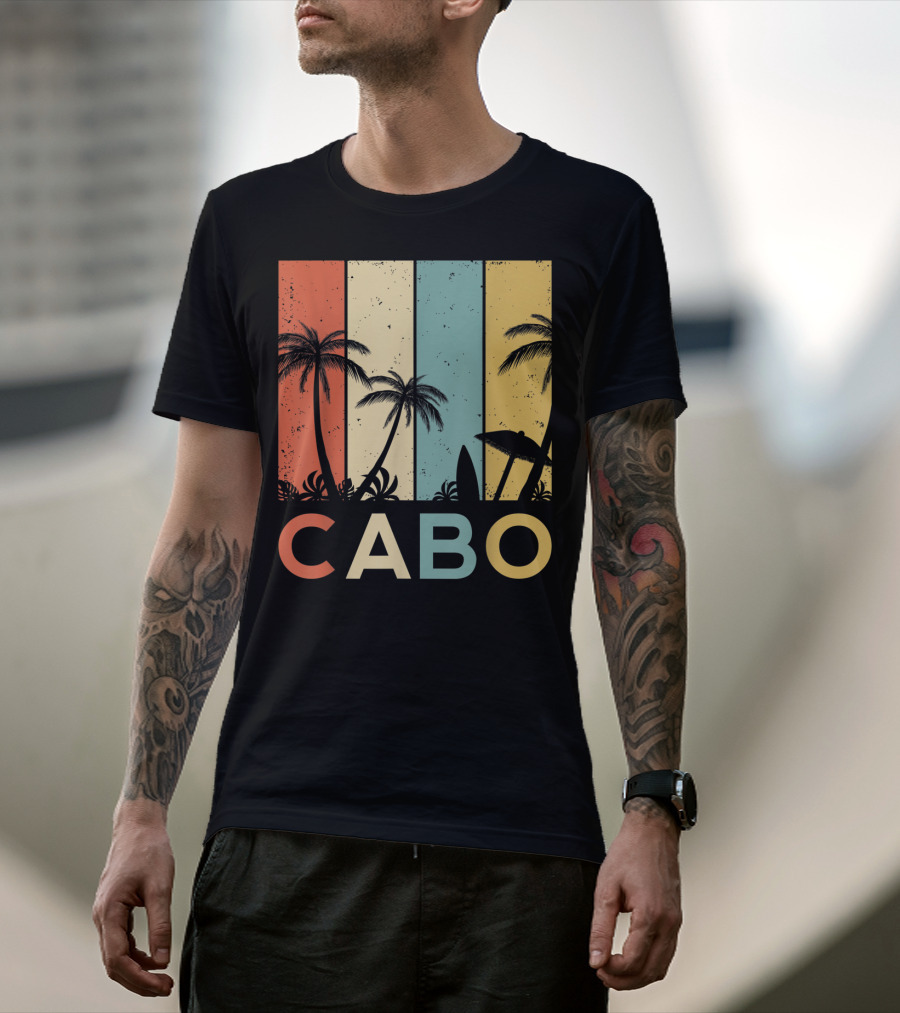 Retro Cabo San Lucas Mexico Tropical Palm Sunset Surfboard T-Shirt