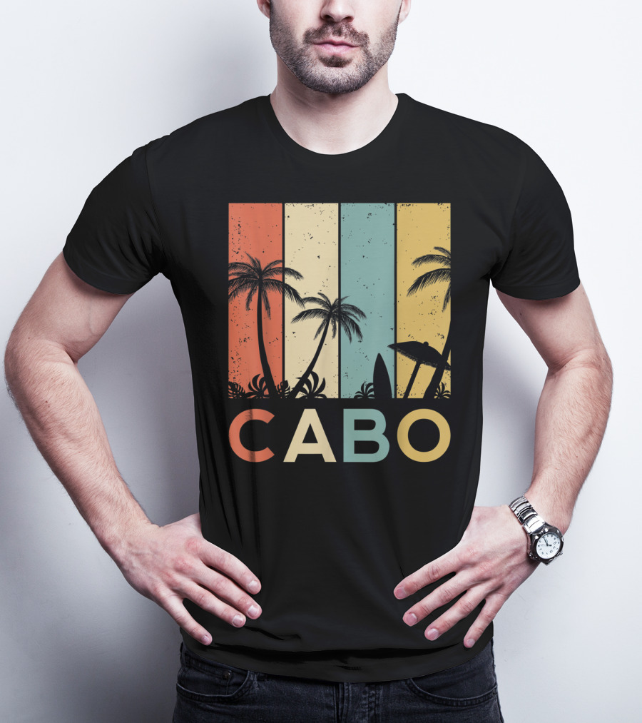 Retro Cabo San Lucas Mexico Tropical Palm Sunset Surfboard T-Shirt