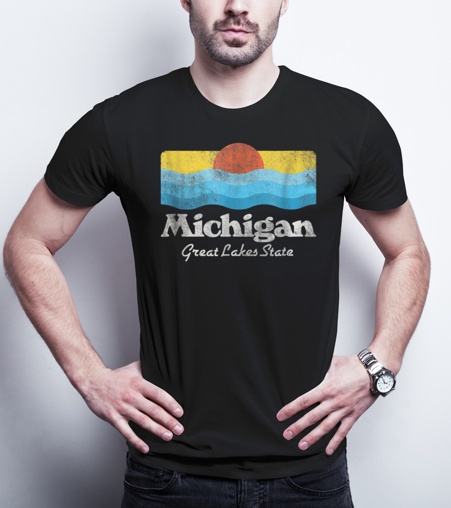 Michigan Great Lakes State Retro Sun And Waves T-Shirt