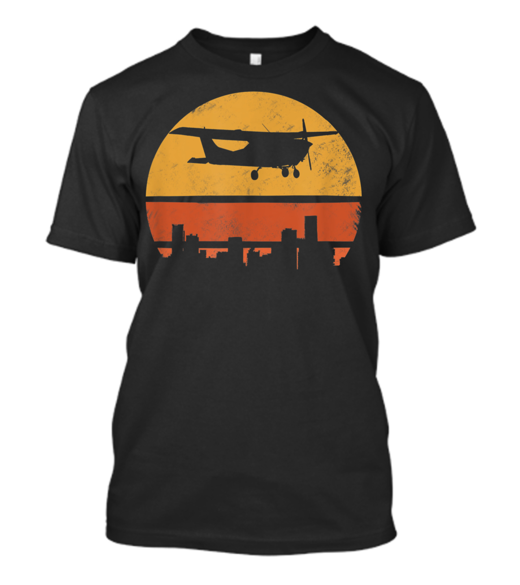 Retro Pilot C172 Flying Silhouette Over Sunset Cityscape T-Shirt