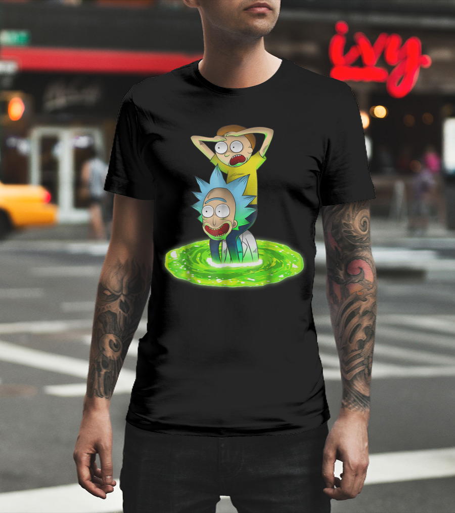 Rick And Morty Emerging From Green Portal Adventure T-Shirt