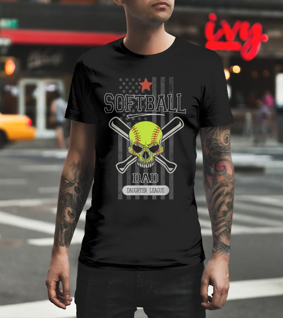 SOFTBALL DAD DAUGHTER LEAGUE Skull Crossed Bats Star Flag T-Shirt
