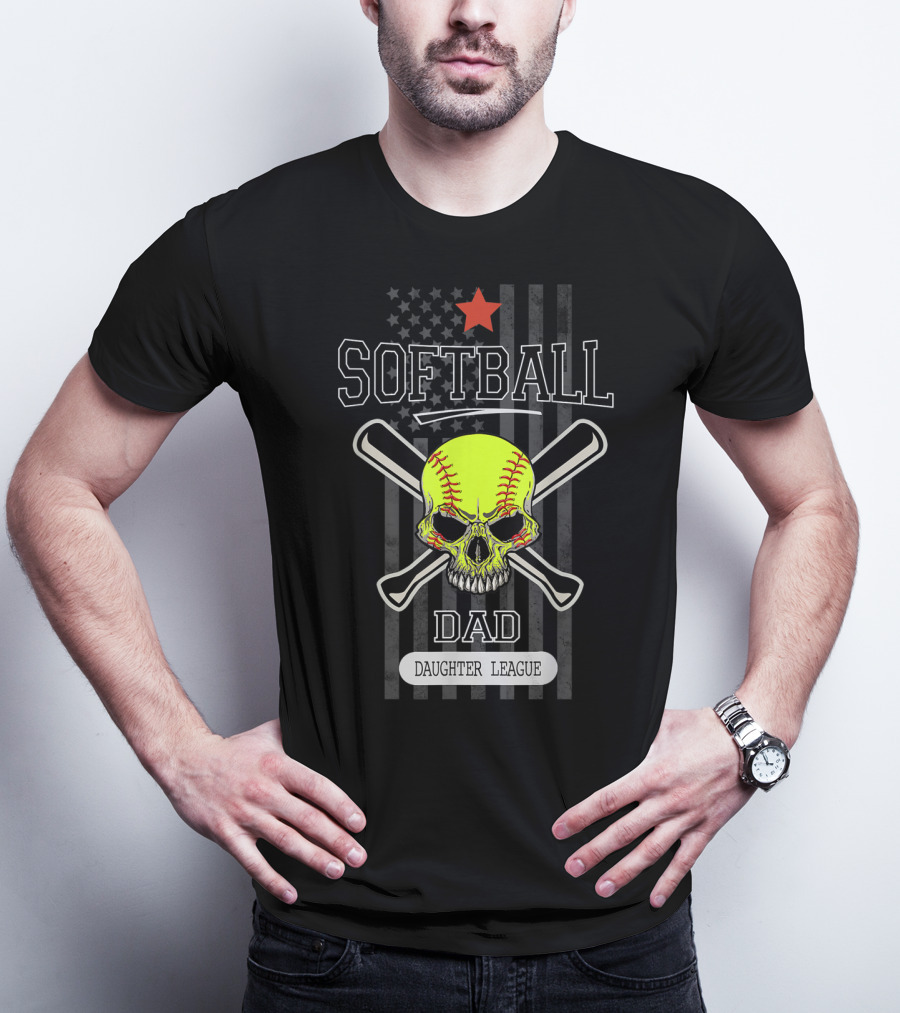 SOFTBALL DAD DAUGHTER LEAGUE Skull Crossed Bats Star Flag T-Shirt