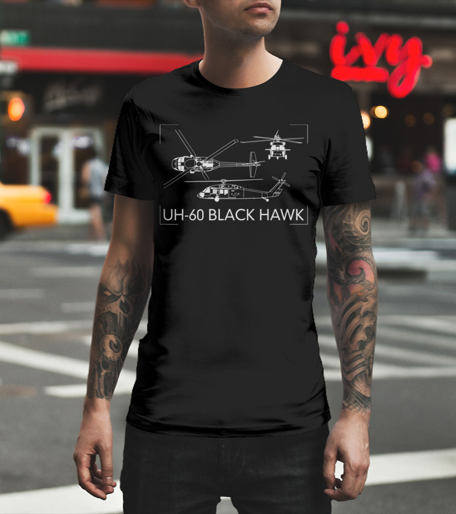 UH-60 Black Hawk Military Helicopter Diagram Detailed Blueprint T-Shirt