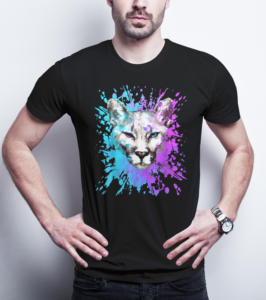 Watercolour Cougar Mountain Lion Artsy Splatter T-Shirt