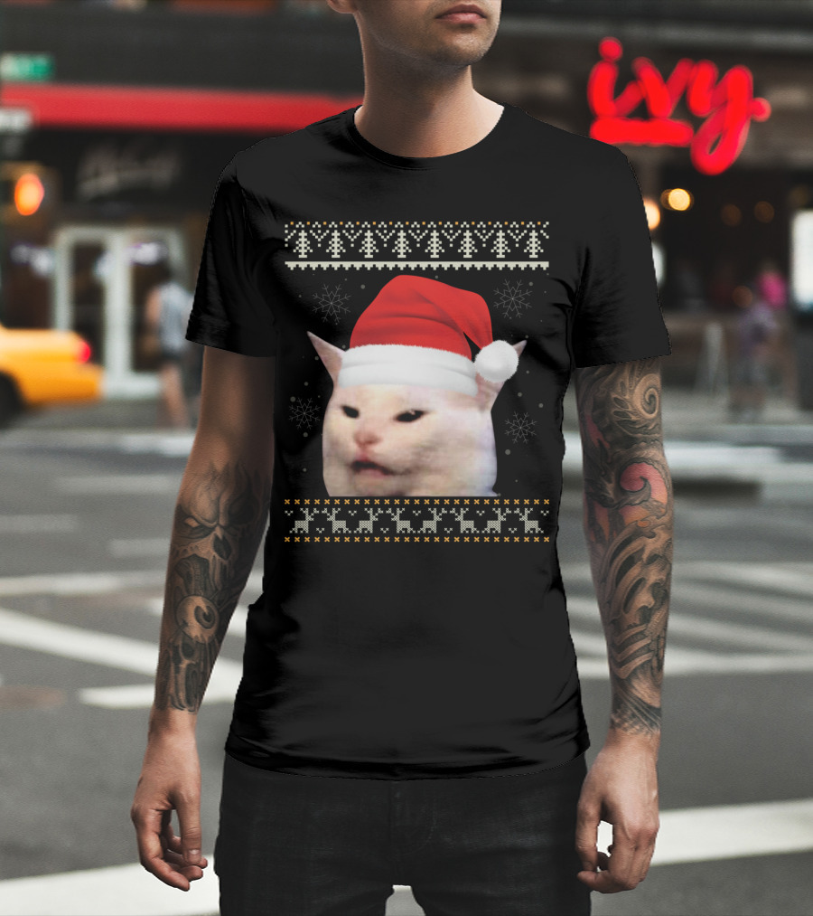 Confused Cat With Red Santa Hat And Christmas T-Shirt