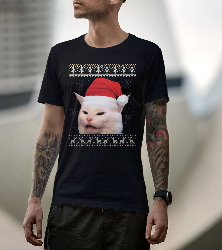 Confused Cat With Red Santa Hat And Christmas T-Shirt