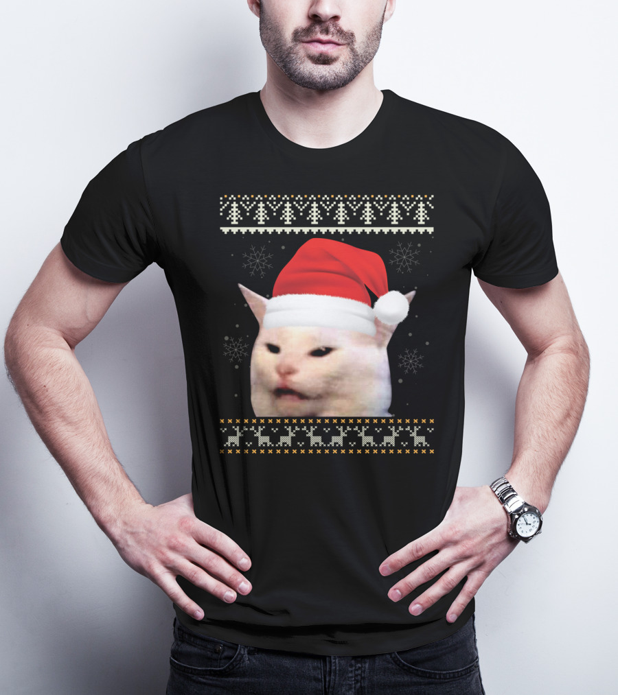 Confused Cat With Red Santa Hat And Christmas T-Shirt